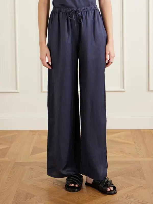 LESET Daniel" Wide-leg Satin Pants With Drawstring Waist - Blue
