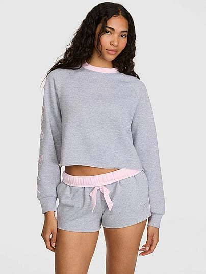 Pink Elle Campus Fleece Cropped Crew Sweatshirt - Grey