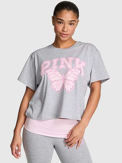 Pink Elle Campus Cotton Cropped Tee - Grey