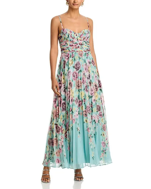 Aqua Pleated Floral Maxi Dress - Sage Multi
