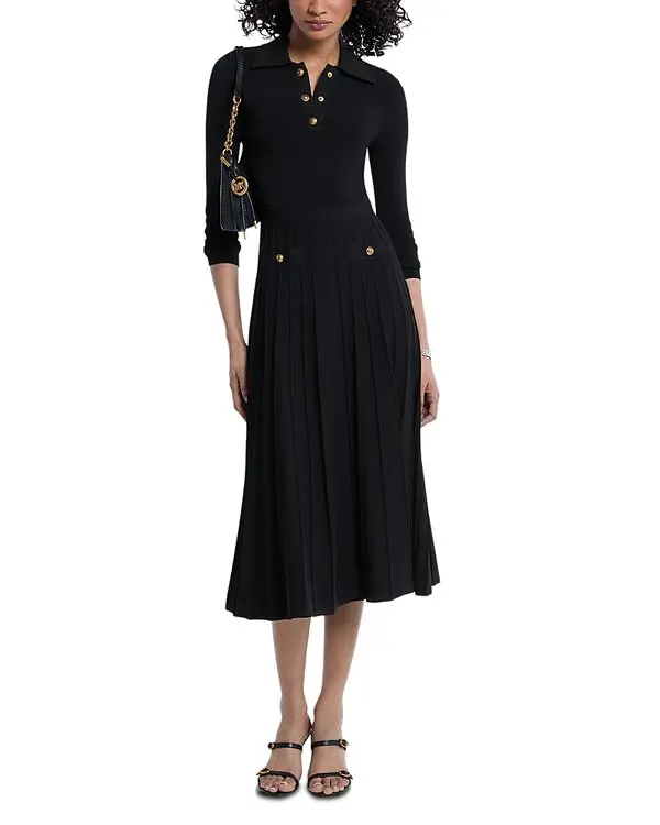 Michael Kors Ribbed Polo Flared Midi Dress - Black