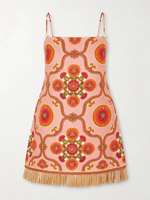 Cara Cara Valencia Printed Fringed Linen Mini Dress - Pink