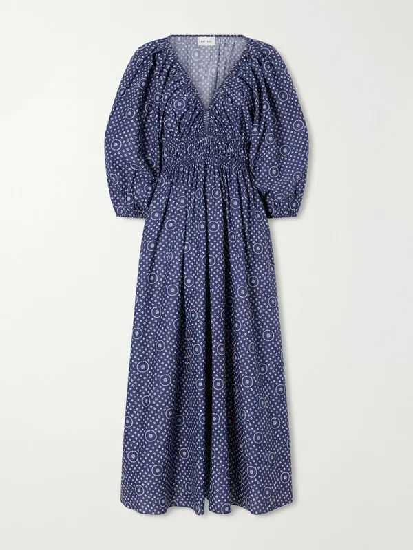 Matteau Shirred Paisley-print Organic Cotton Midi Dress - Blue