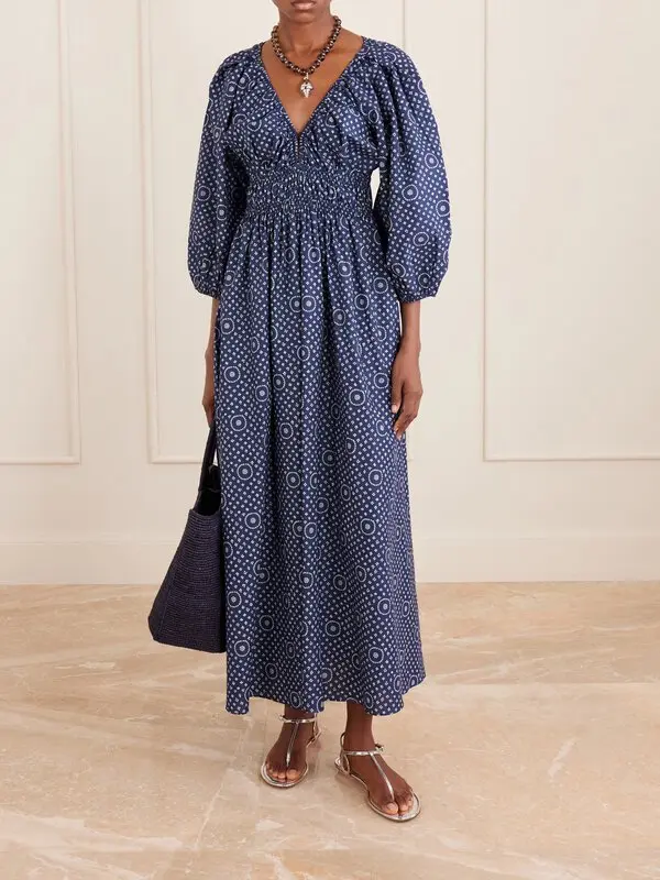 Matteau Shirred Paisley-print Organic Cotton Midi Dress - Blue