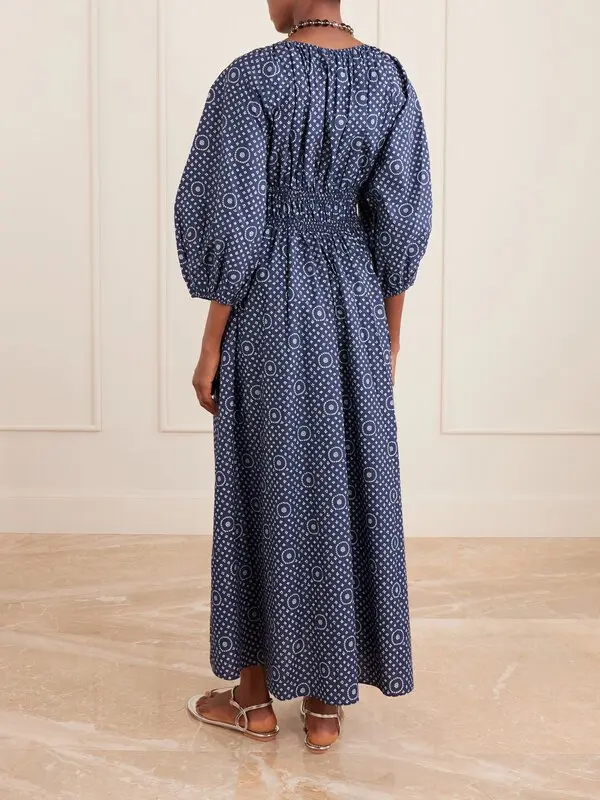 Matteau Shirred Paisley-print Organic Cotton Midi Dress - Blue