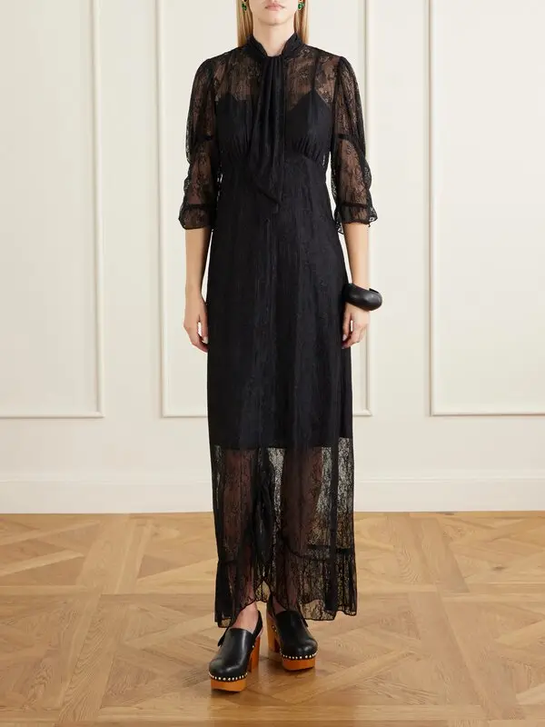 Anna Sui Tie-detailed Ruffled Lace Midi Dress