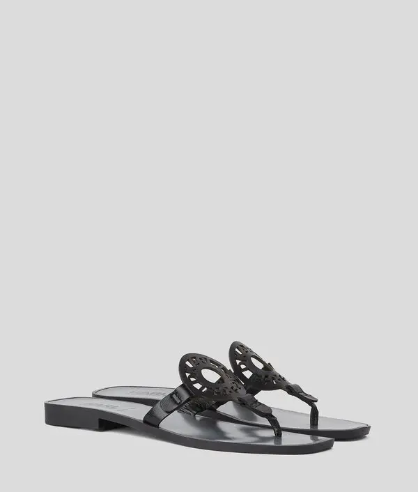 Karl Lagerfeld Vachetta Leather Ring Logo Flat Sandals - Black