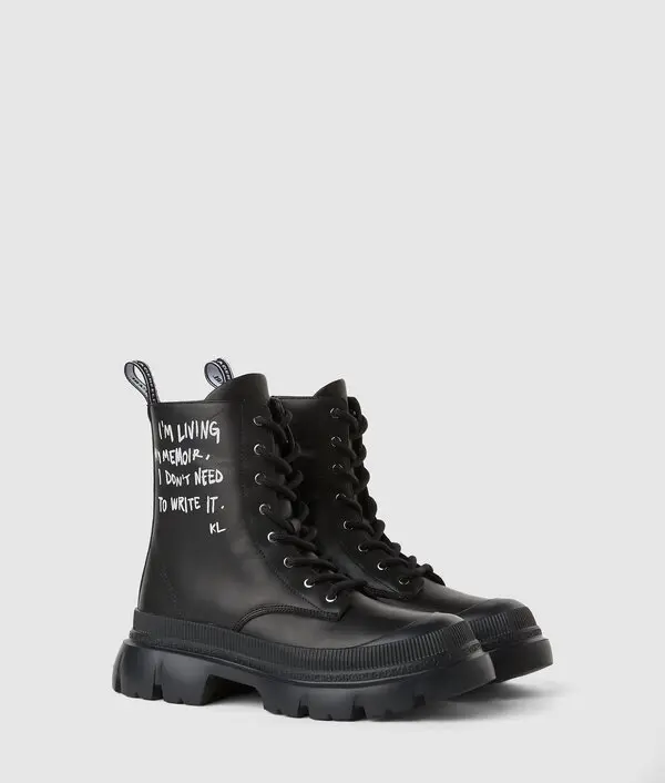 KL JEANS Jeans Lace-up Leather Combat Boots With Quote Embellishment
