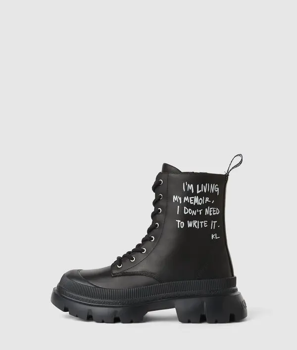 KL JEANS Jeans Lace-up Leather Combat Boots With Quote Embellishment - Black