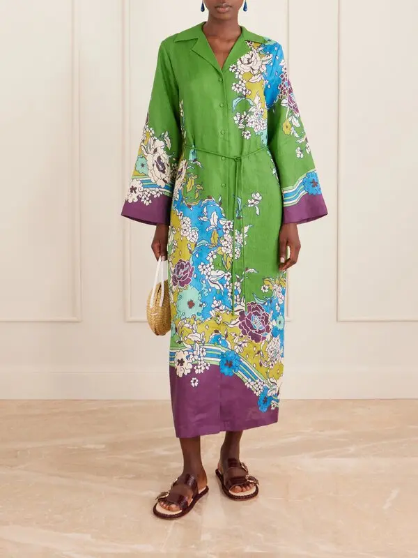 ALEMAIS Nanci Belted Floral Linen Midi Dress - Multi