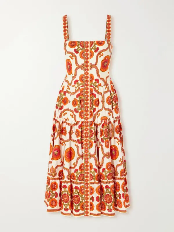 Cara Cara Margarita Tiered Floral-print Cotton-poplin Midi Dress - Orange