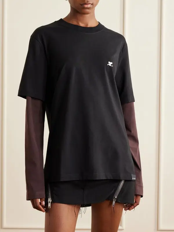 COURREGES Logo Embroidered Cotton-jersey T-shirt - Black