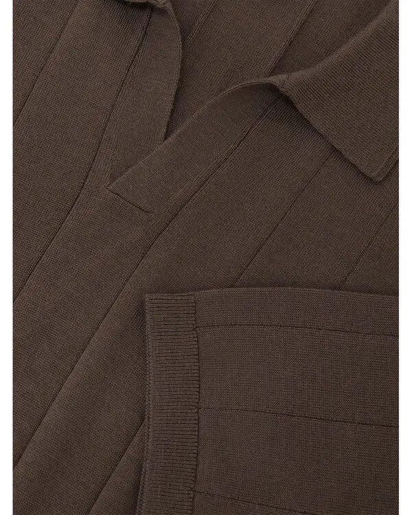 REISS Chelmsford Short Sleeve Merino Wool Sweater Polo - Ridge Brown