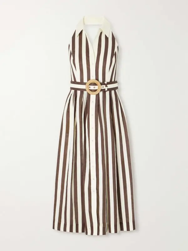 Cara Cara Quentin Belted Pleated Striped Cotton-poplin Halterneck Midi Dress - Brown