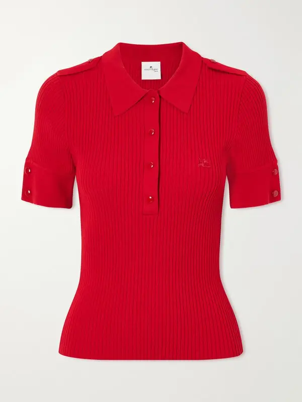 COURREGES Logo-embroidered Ribbed-knit Polo Shirt - Red