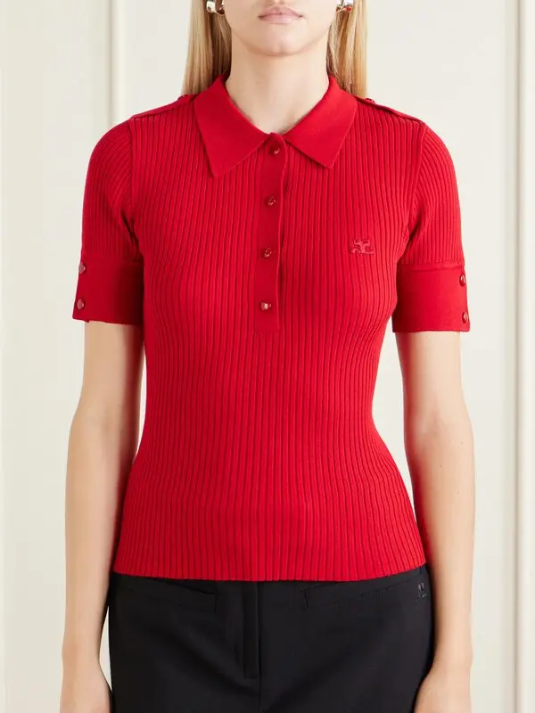 COURREGES Logo-embroidered Ribbed-knit Polo Shirt