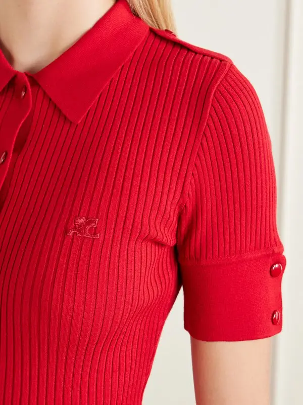 COURREGES Logo-embroidered Ribbed-knit Polo Shirt