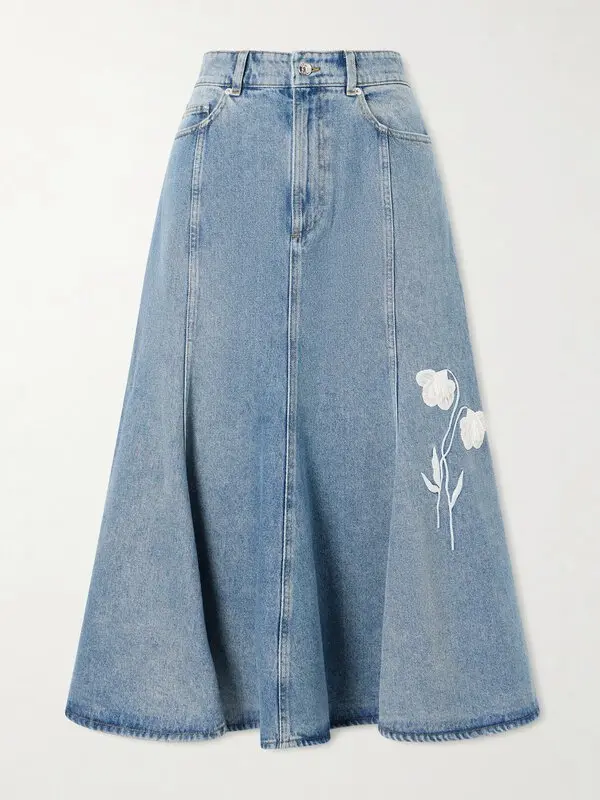 Erdem Embroidered Paneled Denim Midi Skirt - Blue