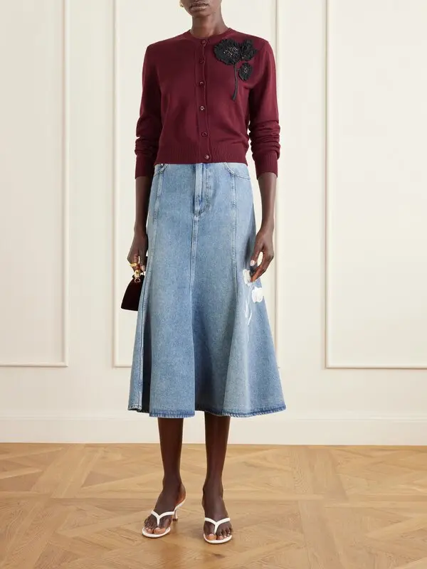 Erdem Embroidered Paneled Denim Midi Skirt