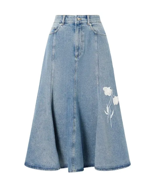 Erdem Embroidered Paneled Denim Midi Skirt - Blue