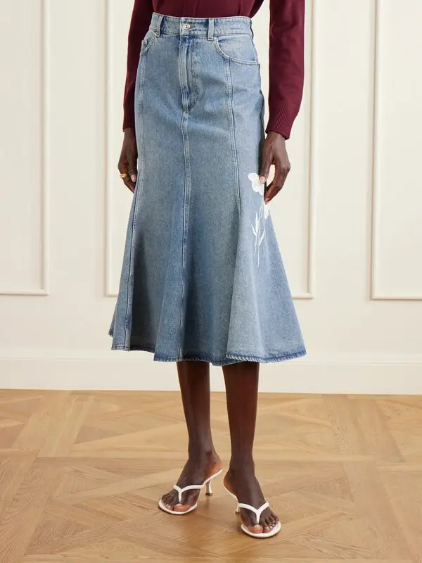 Erdem Embroidered Paneled Denim Midi Skirt - Blue