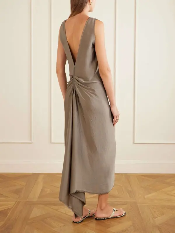 FFORME Signy Gathered Frayed Satin Midi Dress