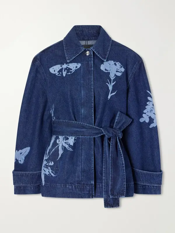 Erdem Belted Laser-printed Denim Jacket - Blue