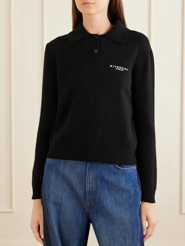 Givenchy Logo-embroidered Wool And Cashmere-blend Polo Sweater - Black