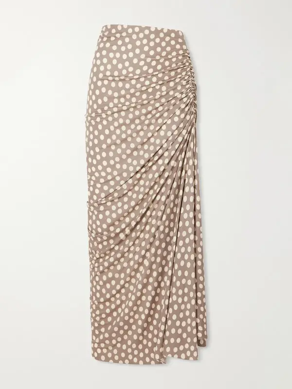 Alaïa Gathered Polka Dot Jersey Midi Skirt - Brown