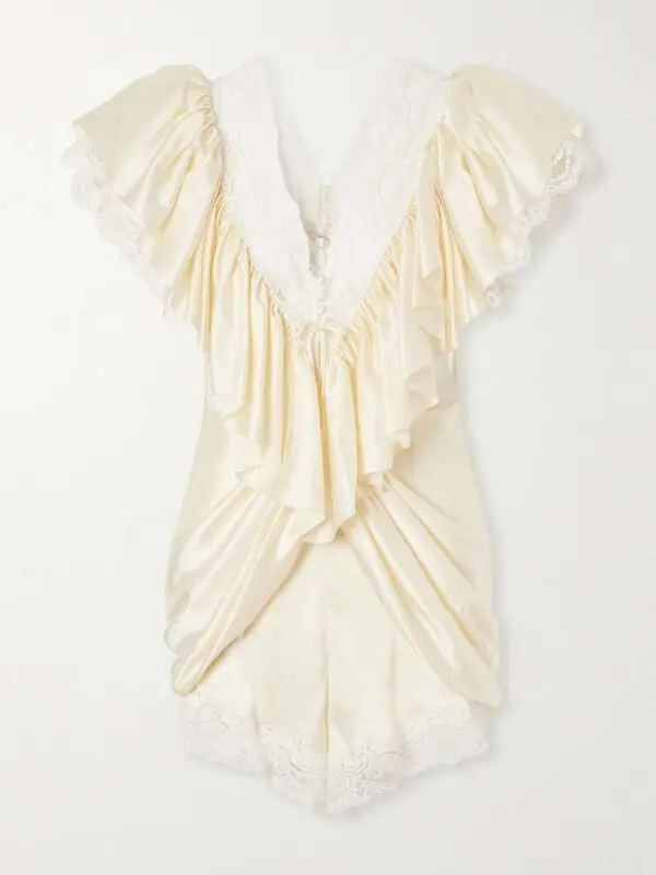 Chloé Ruffled Lace-trimmed Silk-satin Playsuit - Cream