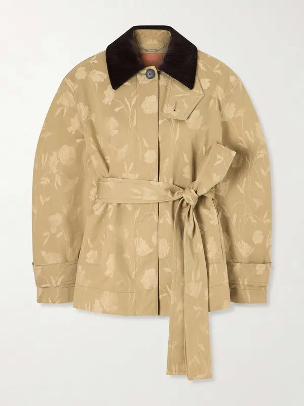 Erdem Belted Corduroy-trimmed Floral-jacquard Cotton Jacket - Camel