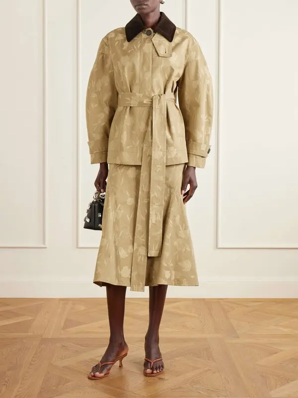 Erdem Belted Corduroy-trimmed Floral-jacquard Cotton Jacket