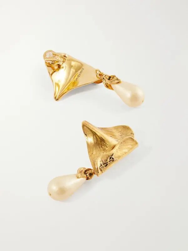 Saint Laurent Tone Leaf And Pearl-effect Resin Clip Earrings - Gold