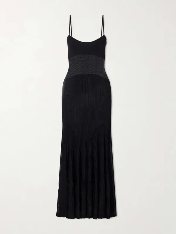 Galvan Belladonna Mesh-trimmed Ribbed-knit Gown - Black