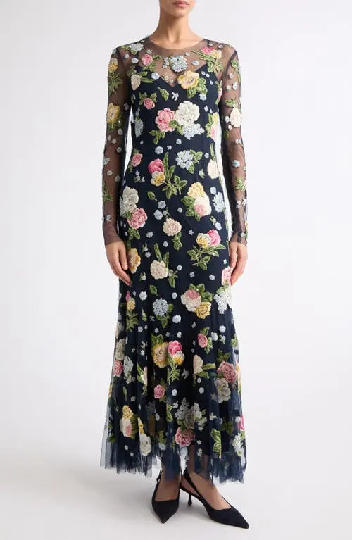 Carolina Herrera Floral Embroidered Sheer Long Sleeve Midi Dress - Midnight