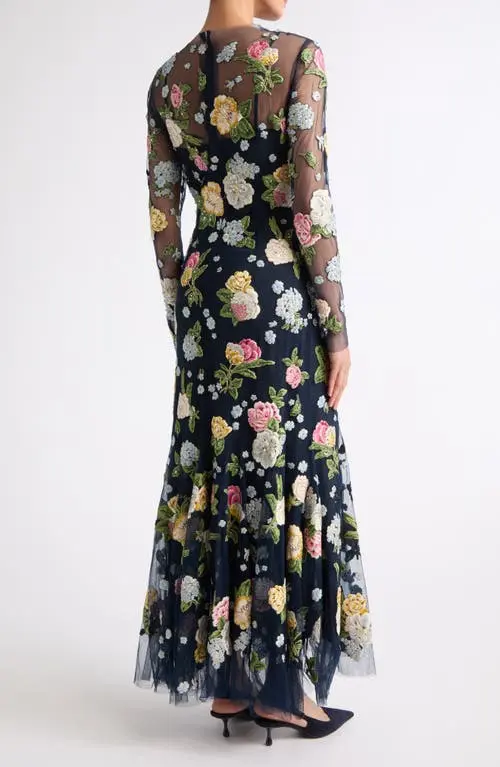Carolina Herrera Floral Embroidered Sheer Long Sleeve Midi Dress