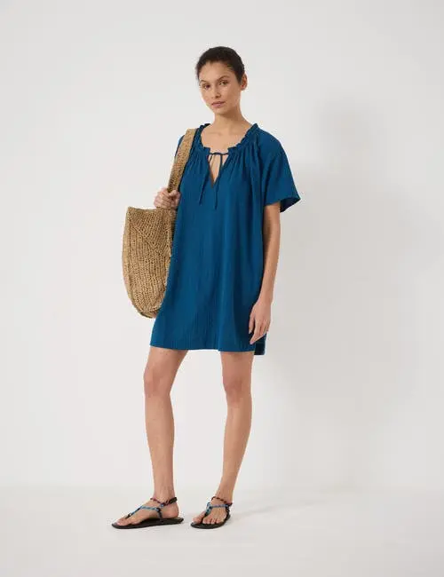 HUSH Tie Neck Short Sleeve Beach Mini Dress