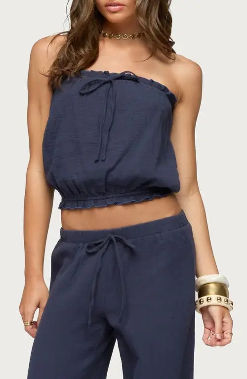 EDIKTED Viktoria Strapless Gauze Bubble Crop Top - Navy