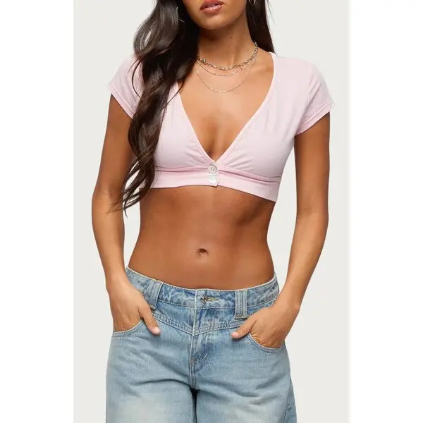 EDIKTED V-neck Button Crop Top