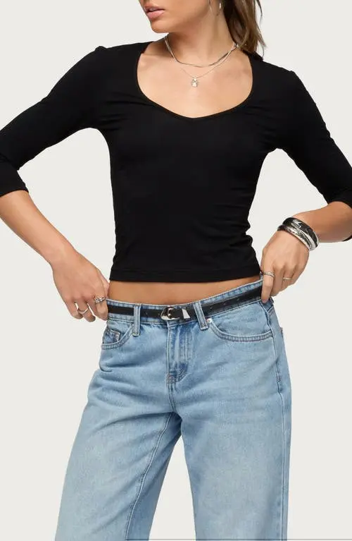 EDIKTED Jamila Three-quarter Sleeve Jersey Crop Top - Black