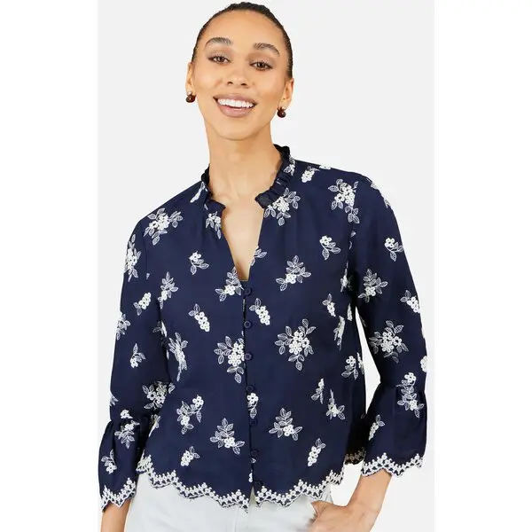 YUMI Fluted Sleeves V-neck Shirt - Navy