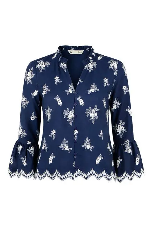 YUMI Floral Print Embroidered Blouse With Fluted Sleeves