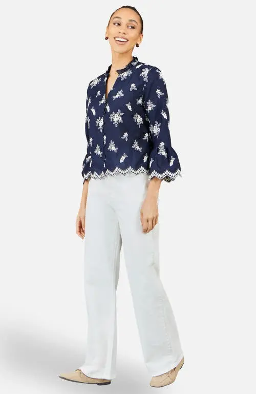 YUMI Floral Print Embroidered Blouse With Fluted Sleeves