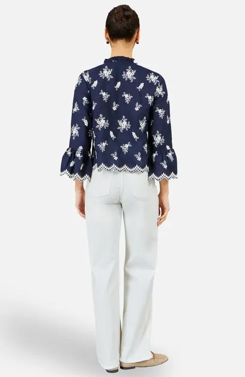 YUMI Floral Print Embroidered Blouse With Fluted Sleeves