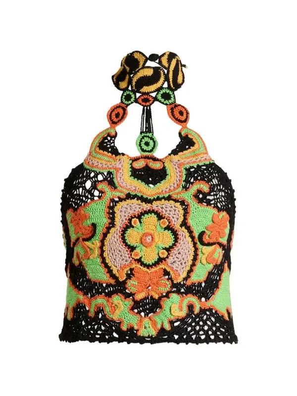 Etro Cotton Crop Top With Crochet-effect Floral Pattern - Multicolor