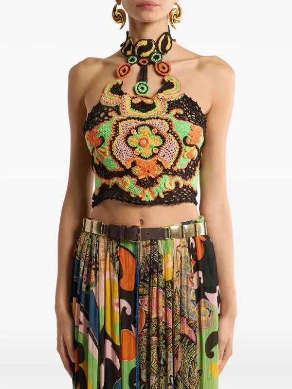 Etro Cotton Crop Top With Crochet-effect Floral Pattern