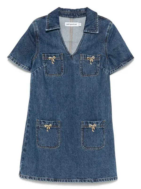 SELF-PORTRAIT V-neck Denim Dress With Embellished Pockets - Blue