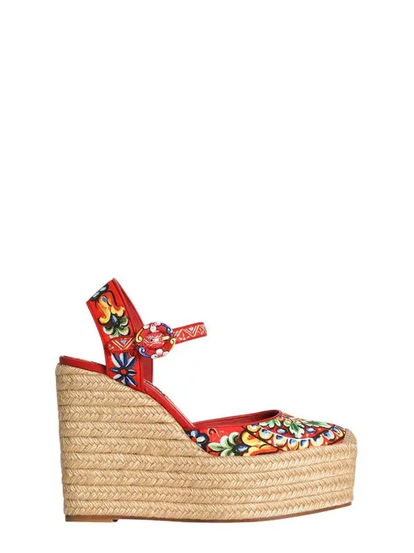 Dolce & Gabbana Canvas Wedge Sandal With Carretto Print - Multicolor