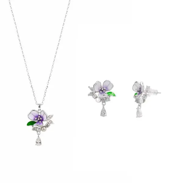 SPERO LONDON Sterling Pansy Violet Floral Necklace And Earring Set - Silver