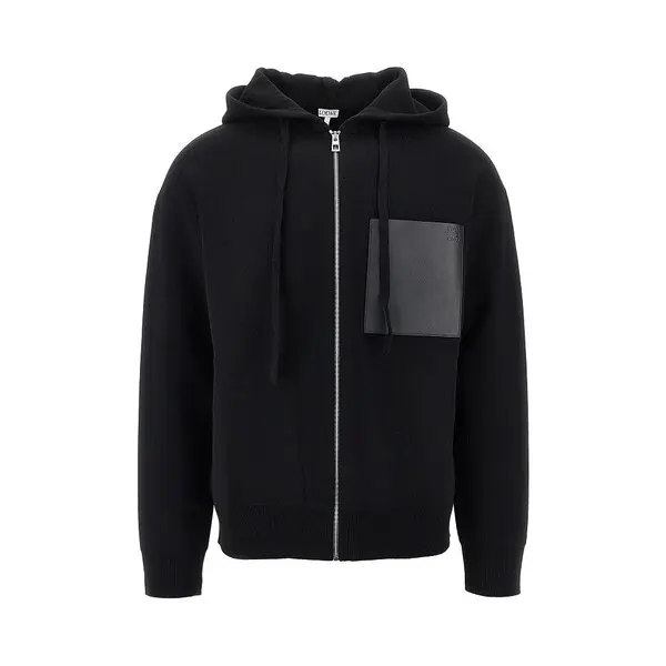 Loewe Knitted Full-zip Hoodie With Leather Pocket - Black